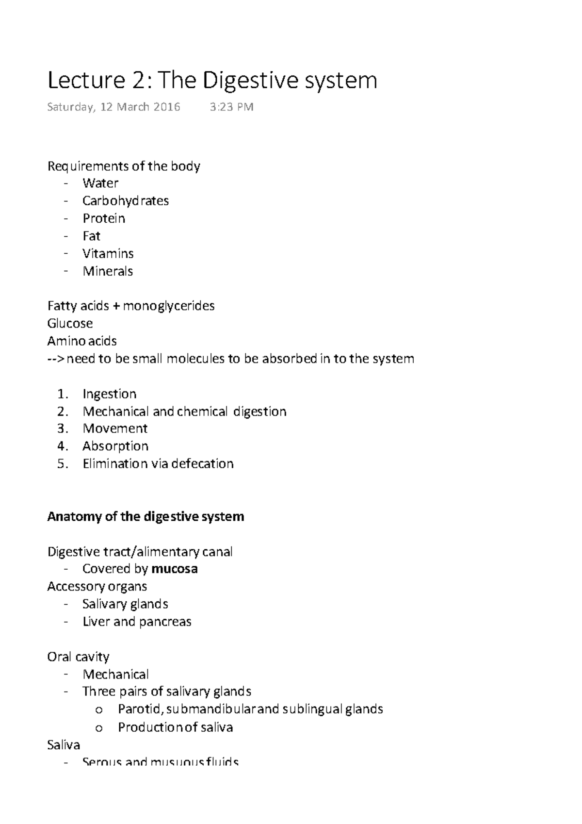 Lecture 2 The Digestive System - Water Carbohydrates Protein Fat ...