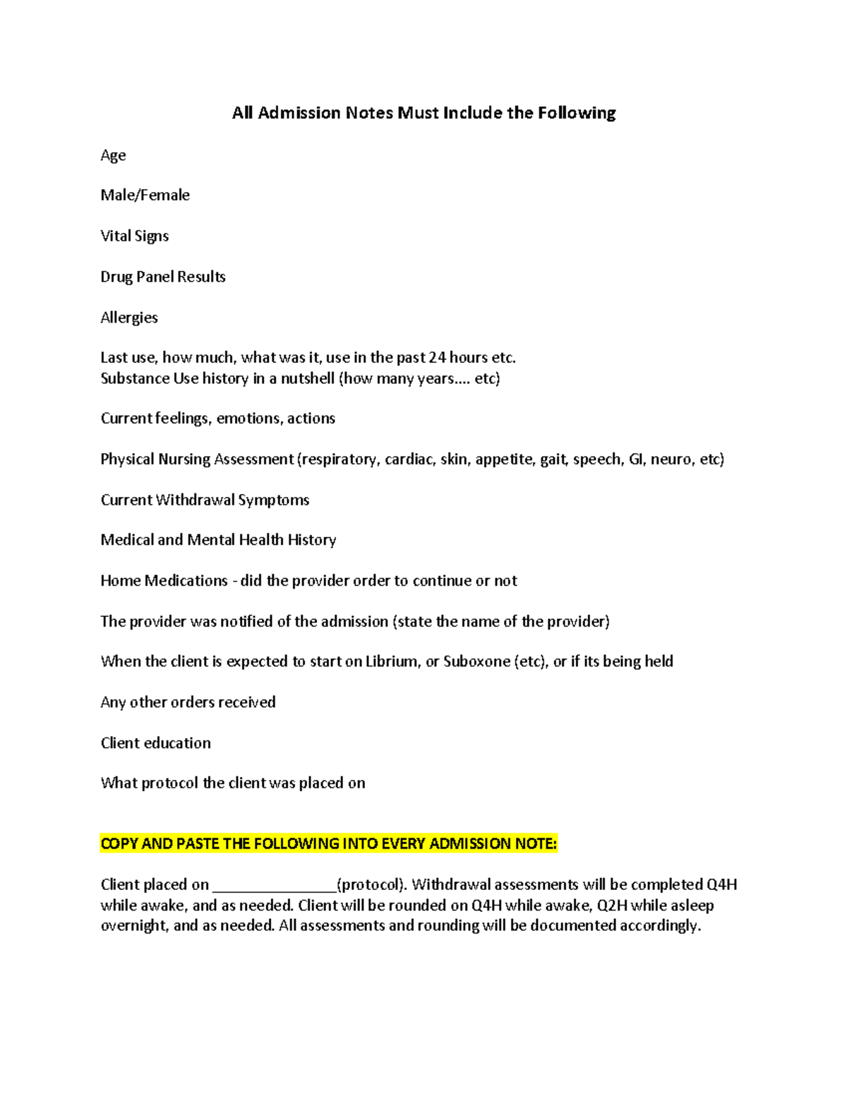 Admission NOTE Details - All Admission Notes Must Include the Following ...