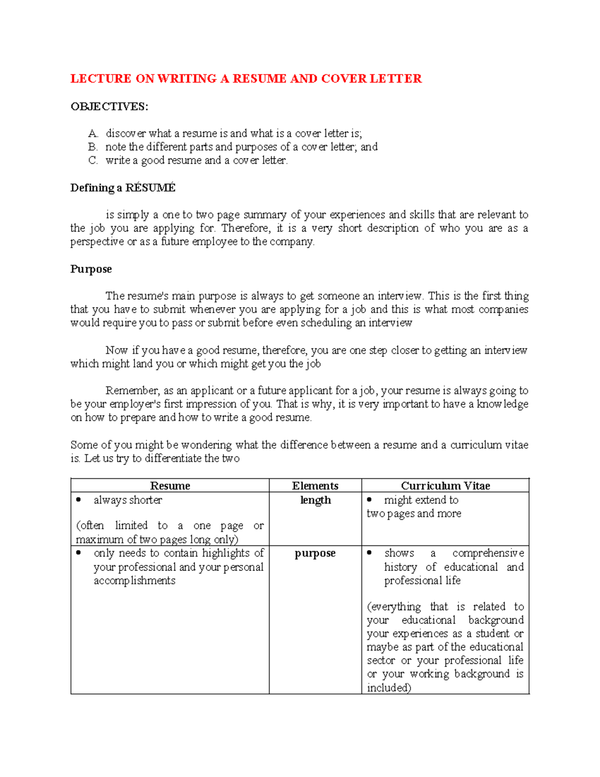 Lecture ON Writing A Resume AND Cover Letter - LECTURE ON WRITING A ...