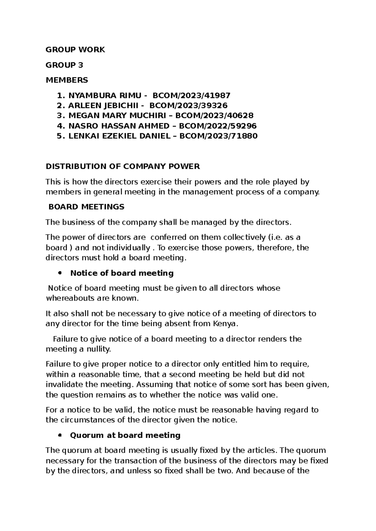 Company law Group WORK OF 5 - GROUP WORK GROUP 3 MEMBERS 1. NYAMBURA ...