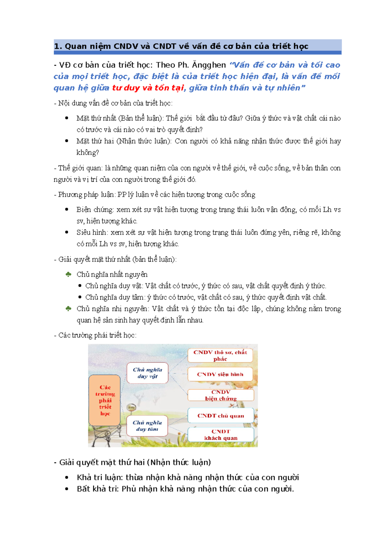Ôn tập ngắn - triết - Quan niệm CNDV và CNDT về vấn đề cơ bản của triết ...