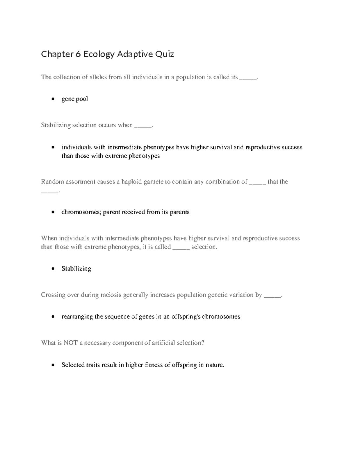 Chapter 6 Ecology Adaptive Quiz - gene pool Stabilizing selection ...