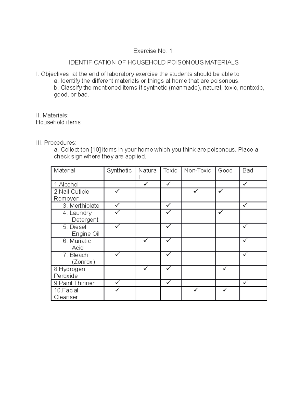 Household Poisnous Materials - Exercise No. 1 IDENTIFICATION OF ...
