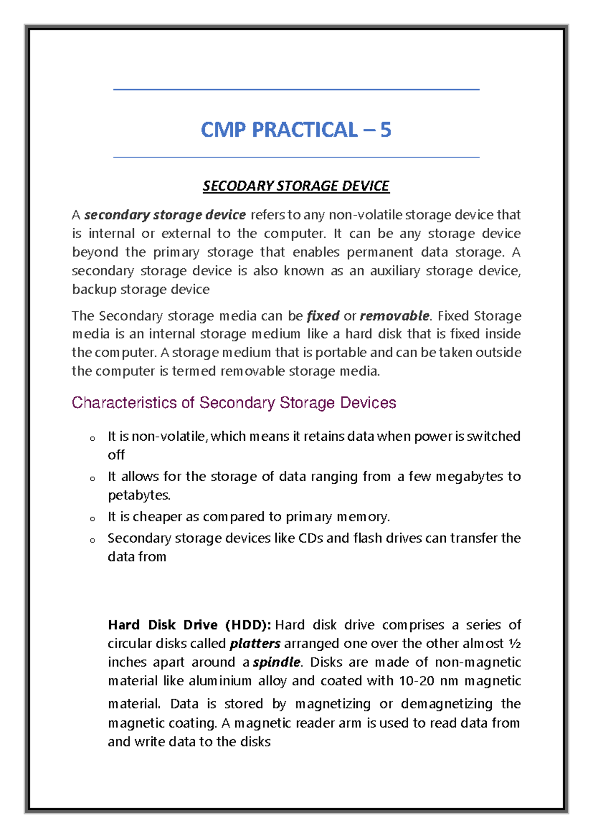 CMP Practical -5 - CMP PRACTICAL – 5 SECODARY STORAGE DEVICE A ...