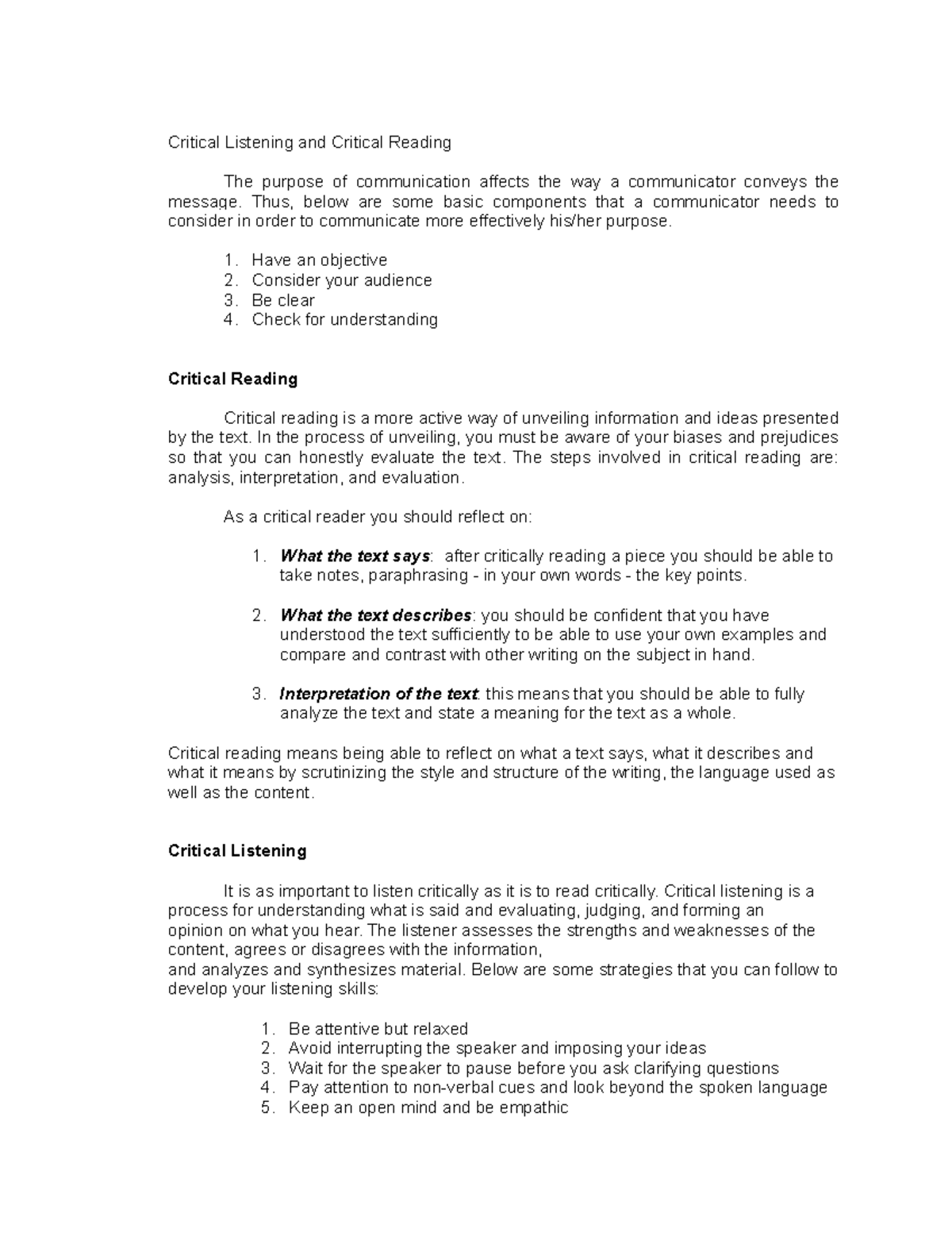 Critical Listening and Critical Viewing - Critical Listening and ...