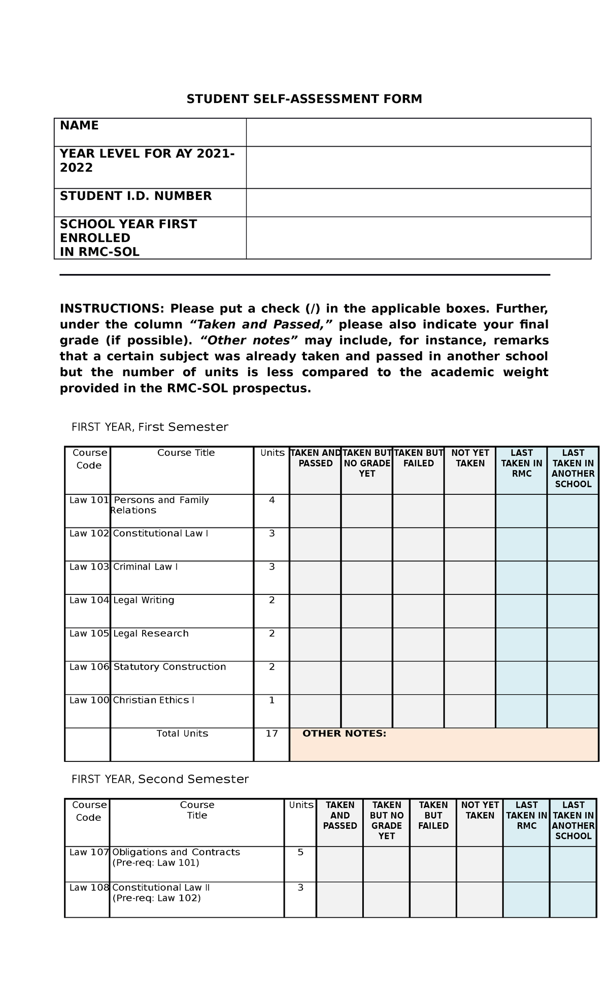 Student Self Assessment Form - STUDENT SELF-ASSESSMENT FORM NAME YEAR ...
