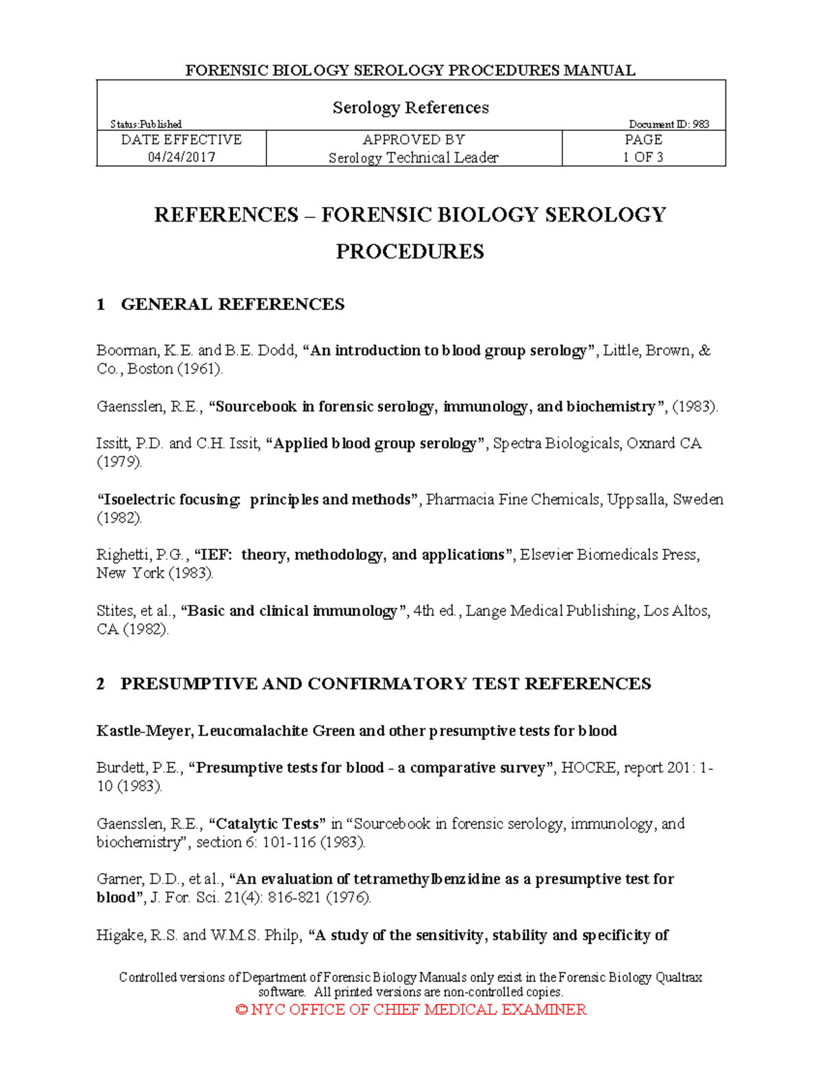 Serology references 042417 - FORENSIC BIOLOGY SEROLOGY PROCEDURES ...