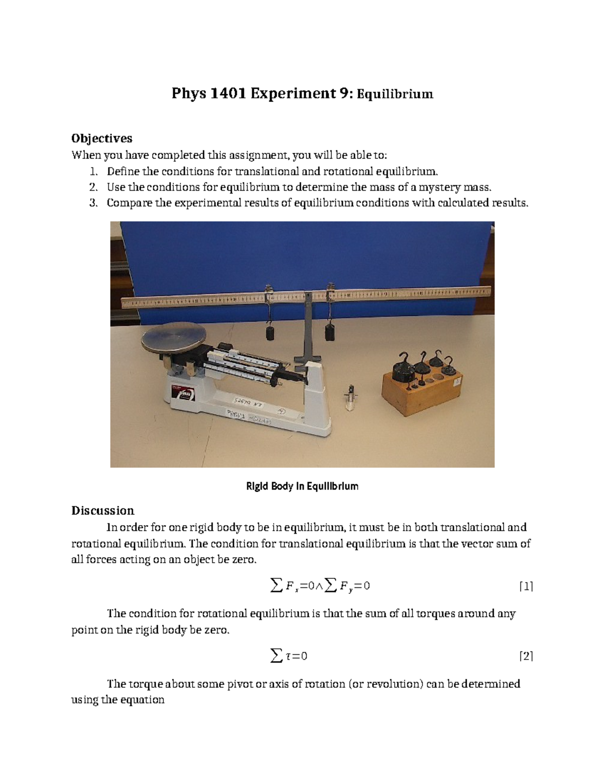 Phys 1401 Experiment 9 Equilibrium - Phys 1401 Experiment 9 ...