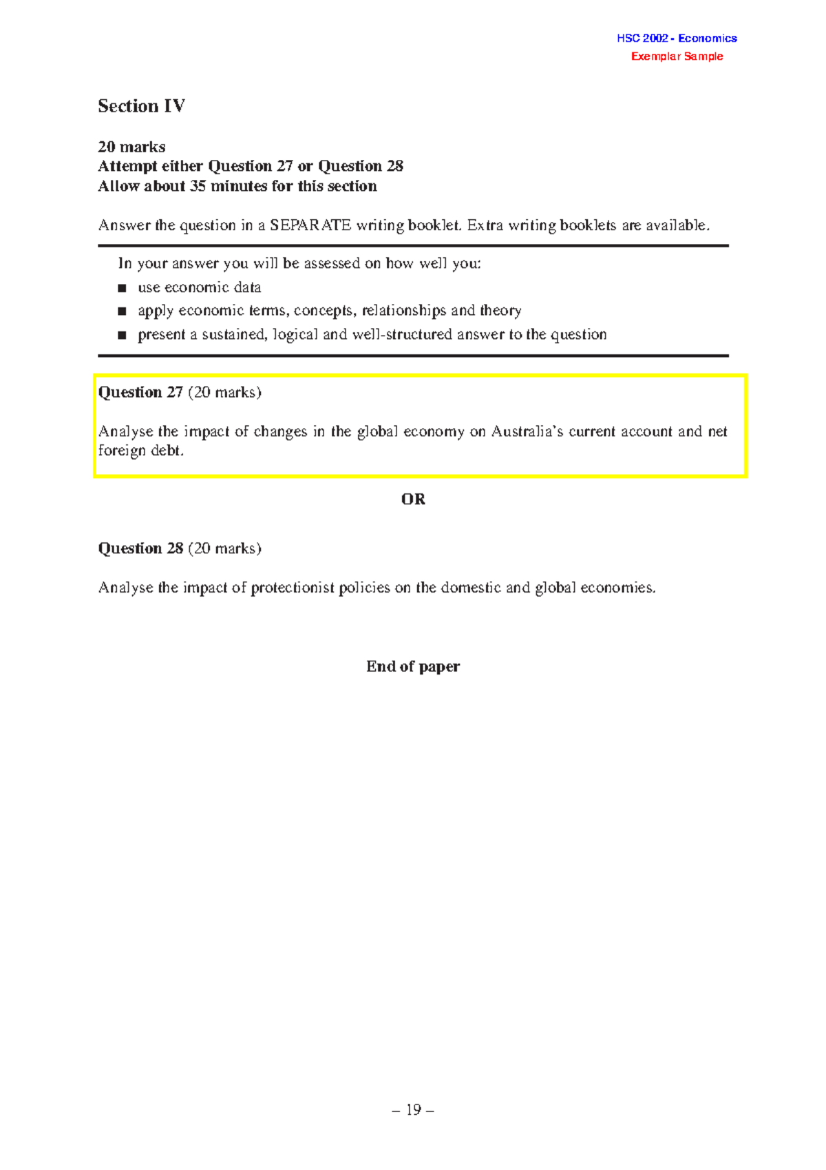 20 page essay - pls - Section IV 20 marks Attempt either Question 27 or ...