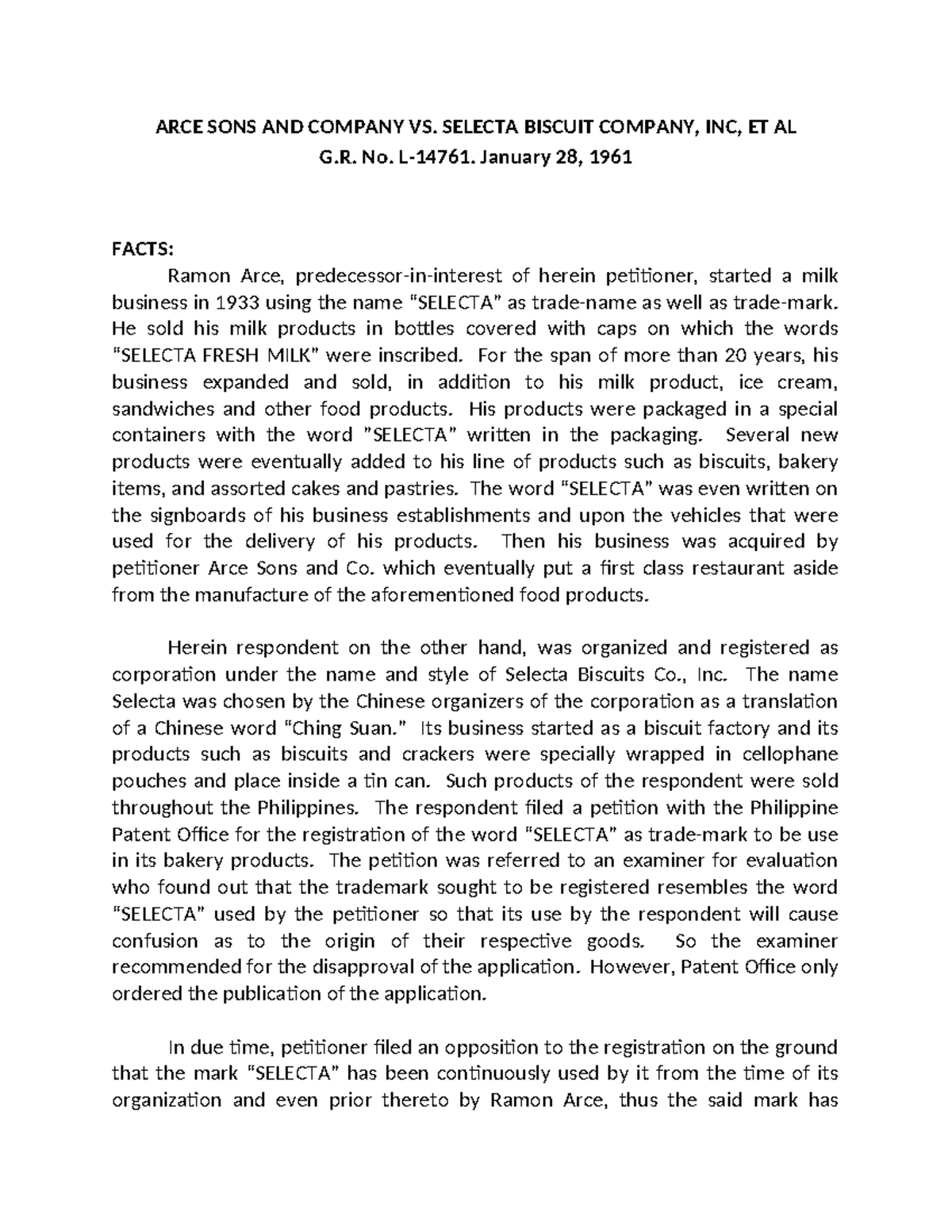 Cases-for-ipa - ARCE SONS AND COMPANY VS. SELECTA BISCUIT COMPANY, INC ...