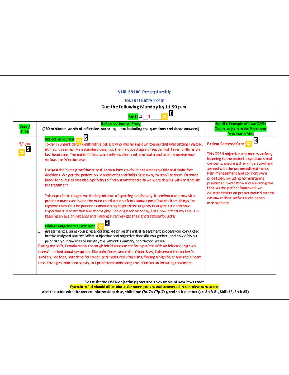 Journal Example - Please list the QSEN objective(s) met and an example ...