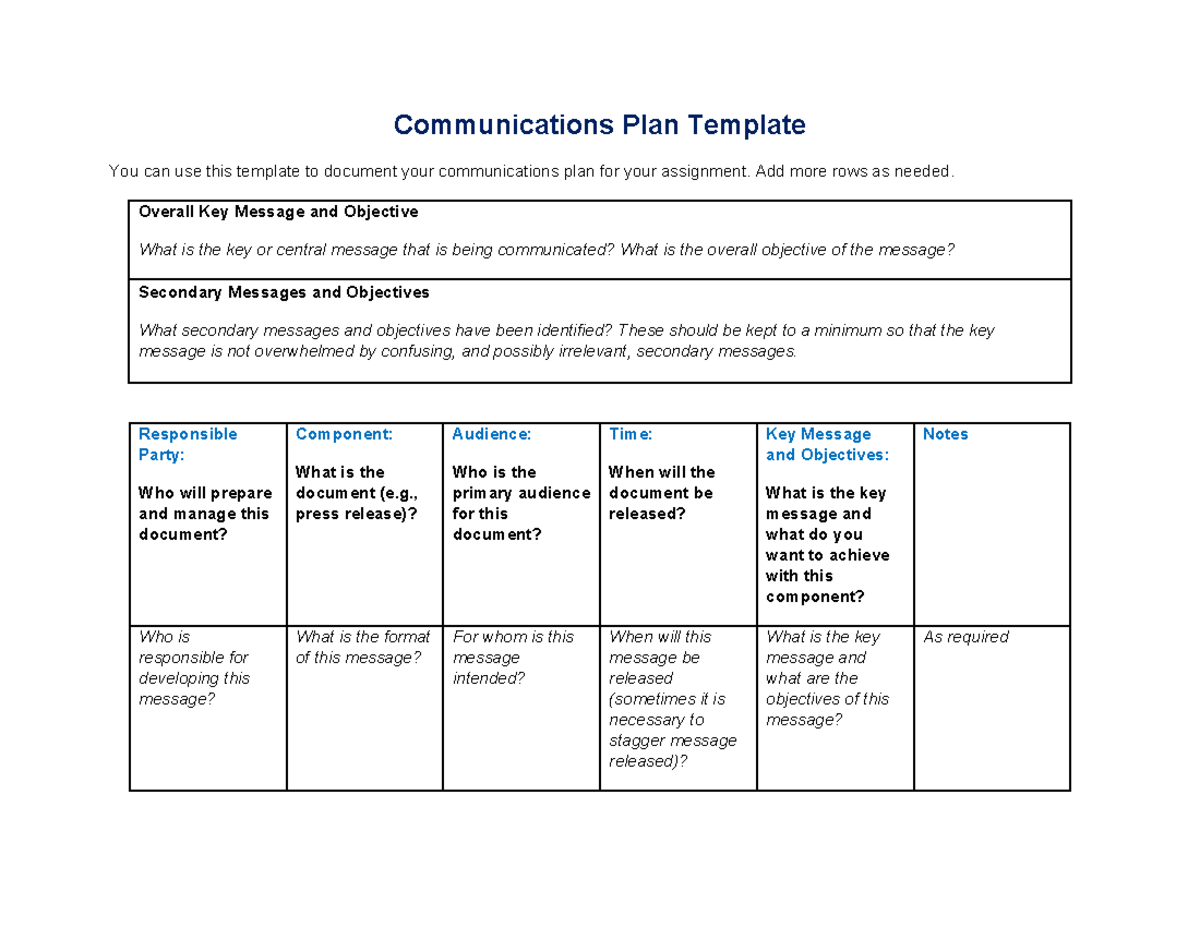 Communications Plan Template 1 - Add more rows as needed. Overall Key ...
