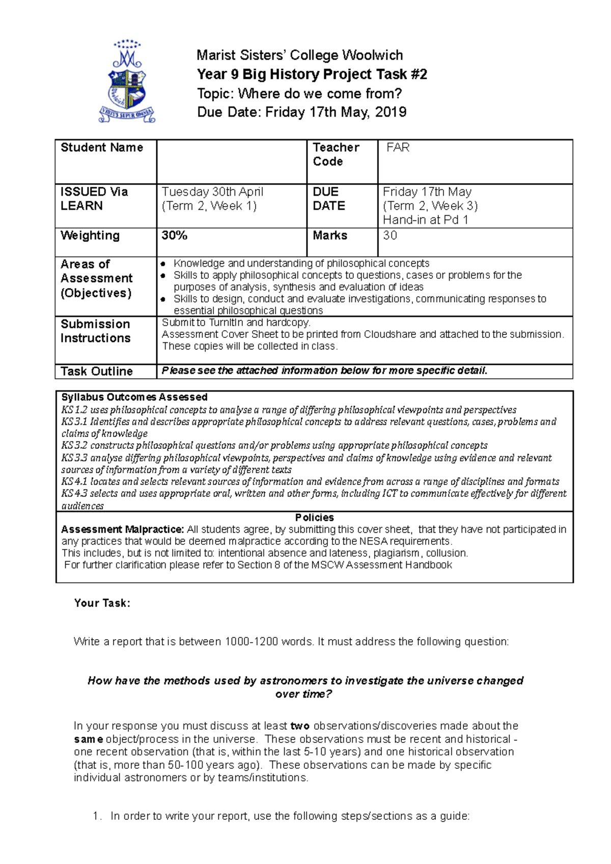 2019 Yr 9 Big History Project Assessment Task #2 (Published) - Marist ...