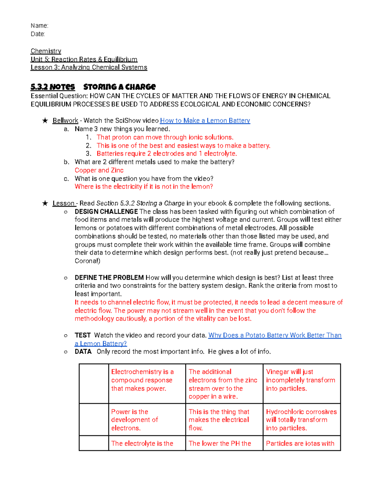 5.3.2 Lab - CHEM - Name: Date: Chemistry Unit 5: Reaction Rates ...