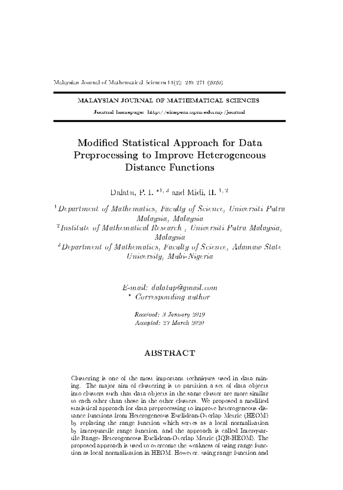Modified Statistical Approach for Data Preprocessing to Improve Heterogeneous Distance Functions ...