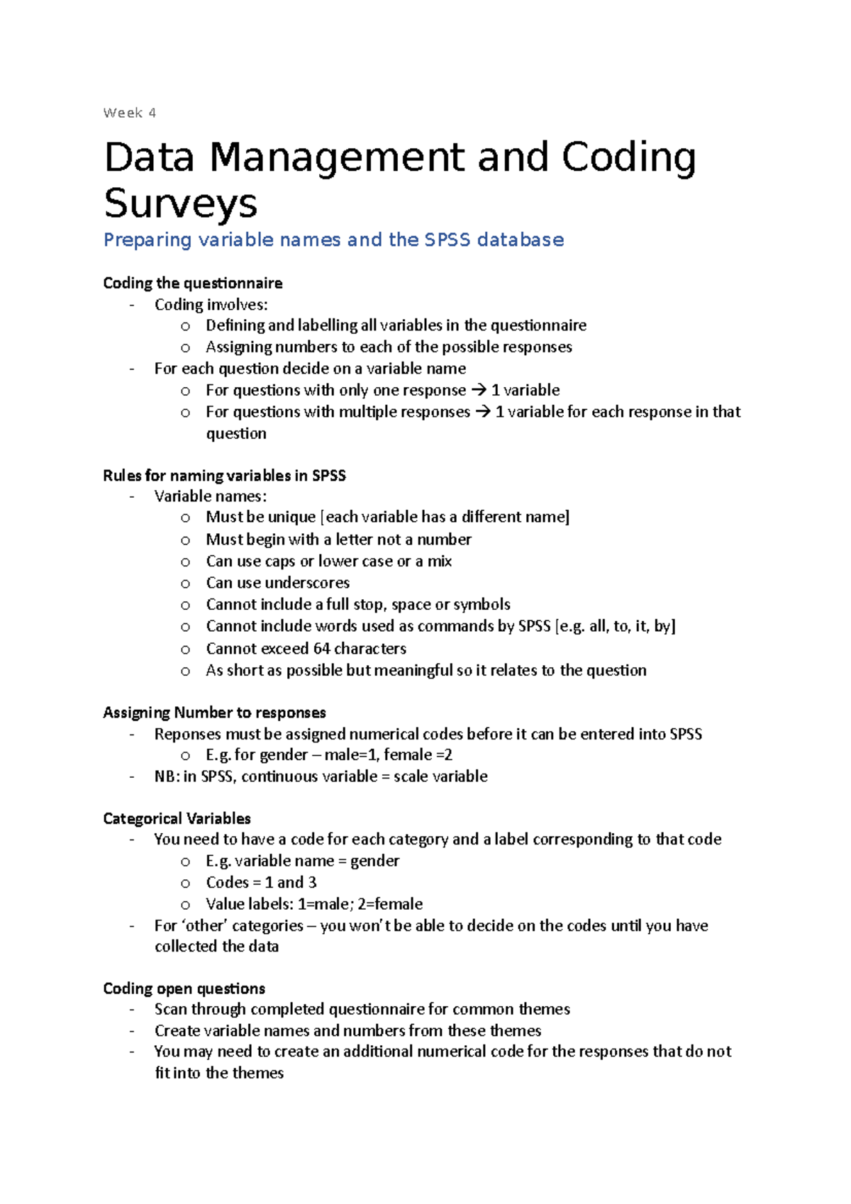 Week 4 - Data Management and Coding Surveys - Week 4 Data Management ...