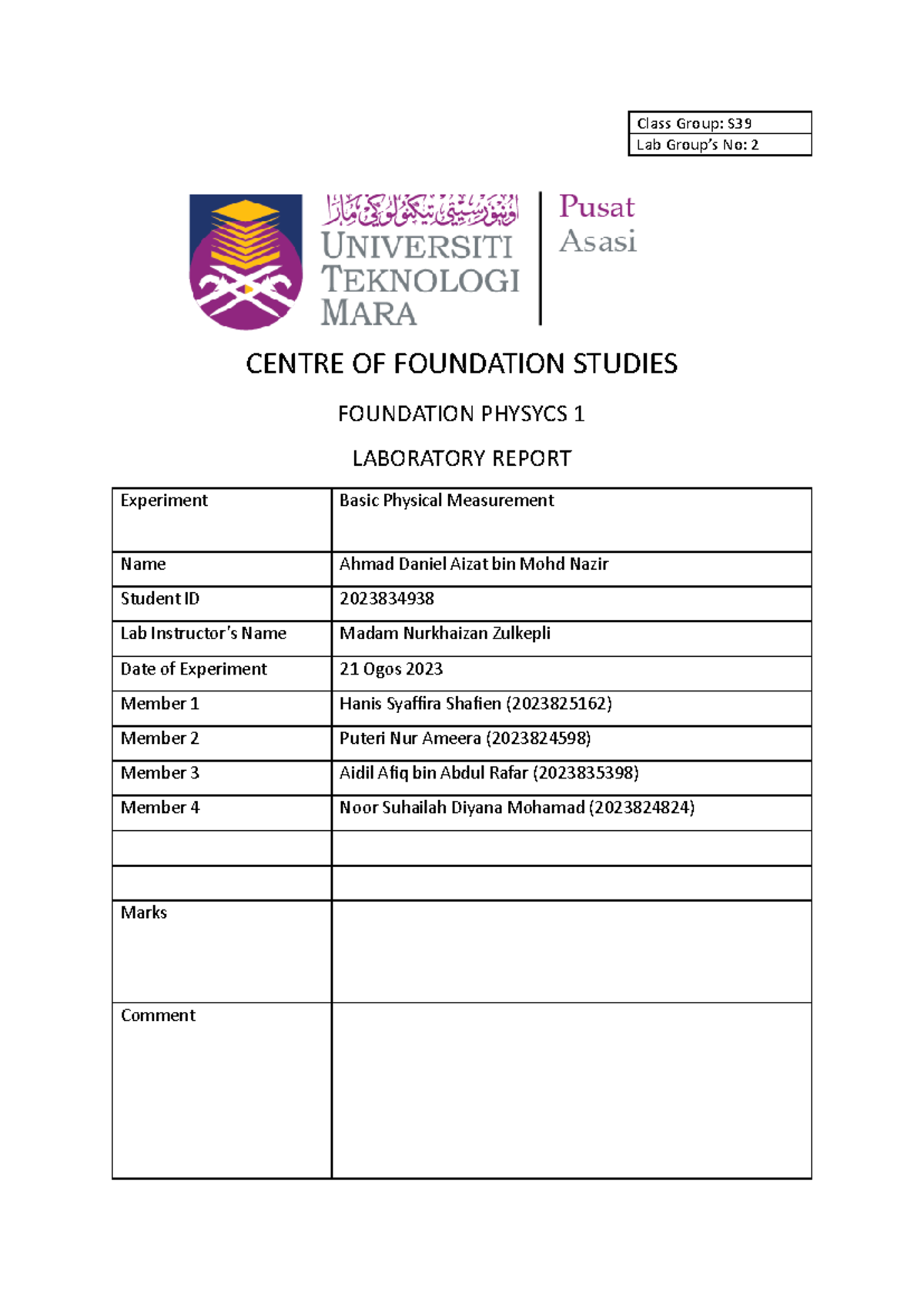 basic lab report 1 - Class Group: S Lab Group’s No: 2 CENTRE OF ...