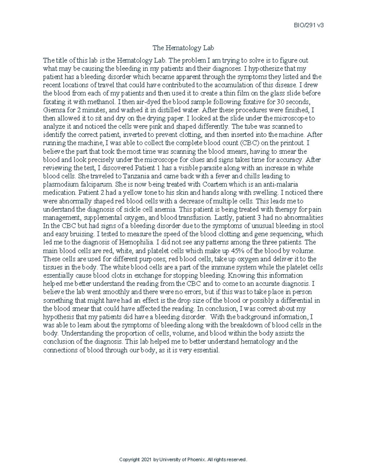 Hematology Lab W1 - Lab report - BIO/291 v The Hematology Lab The title of this lab is the - Studocu