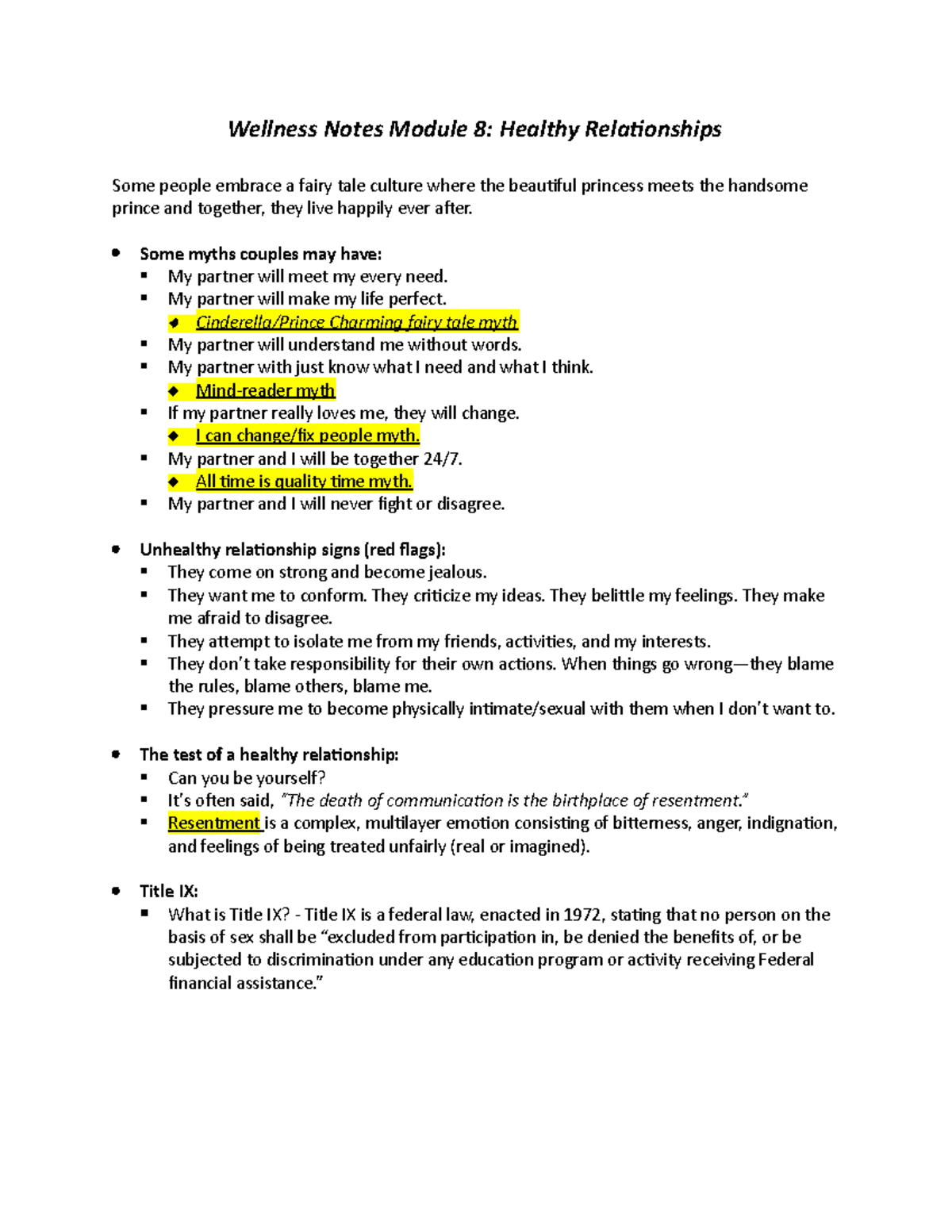 Wellness Notes Module 8 - Some myths couples may have: My partner will ...
