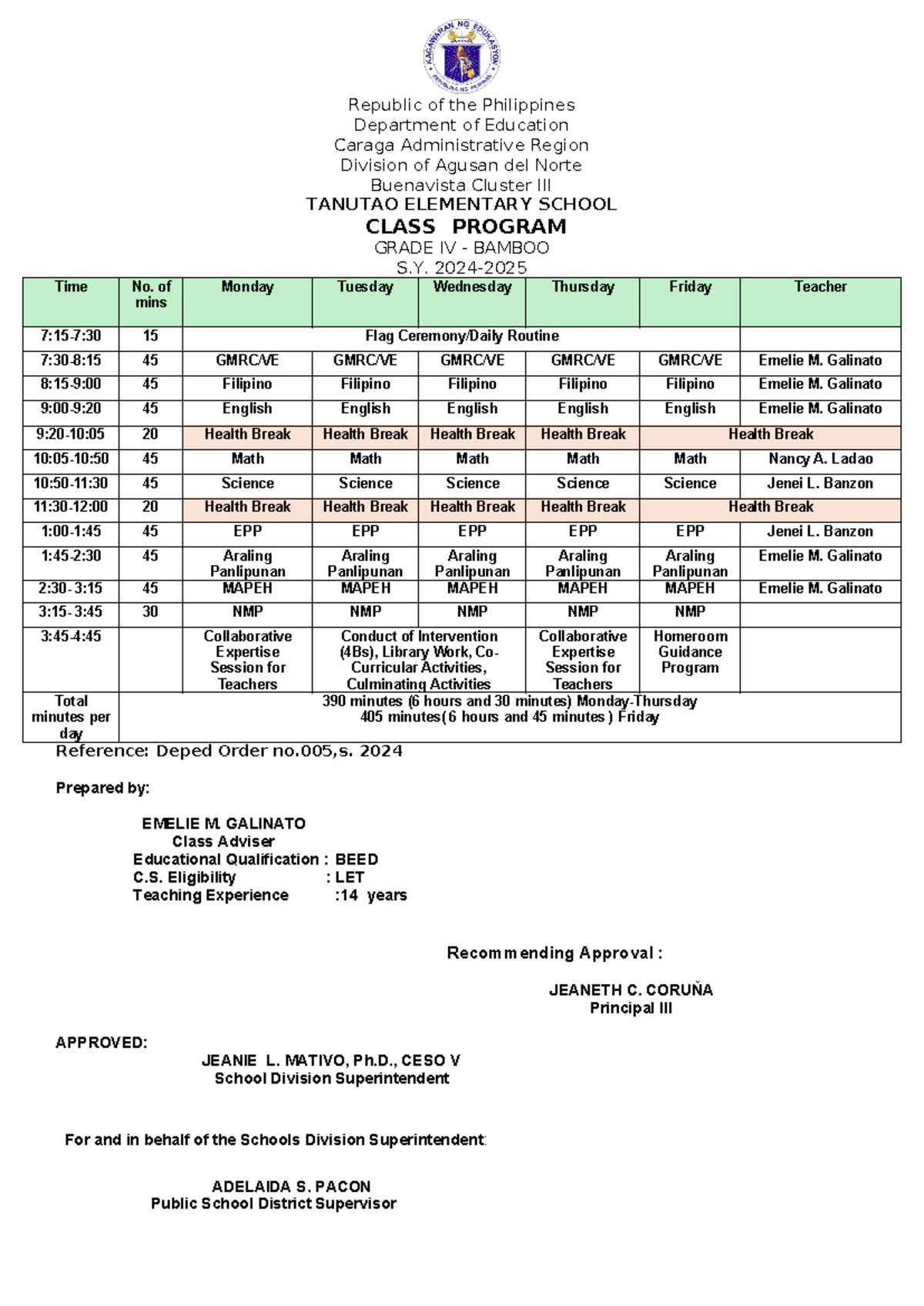 Grade 5 Sample Class Program - Republic of the Philippines Department ...