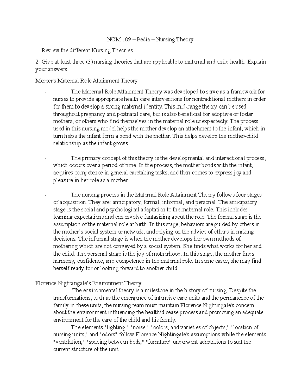 NCM 109 - Pedia - Nursing Theories Applicable to Maternal and Child ...