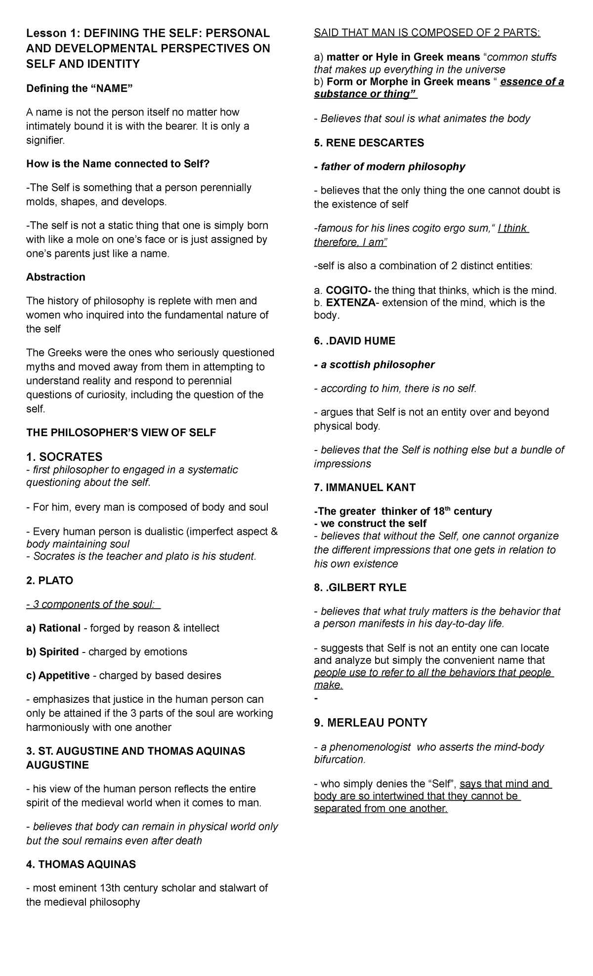 UTS Reviewer - Lesson 1: DEFINING THE SELF: PERSONAL AND DEVELOPMENTAL ...