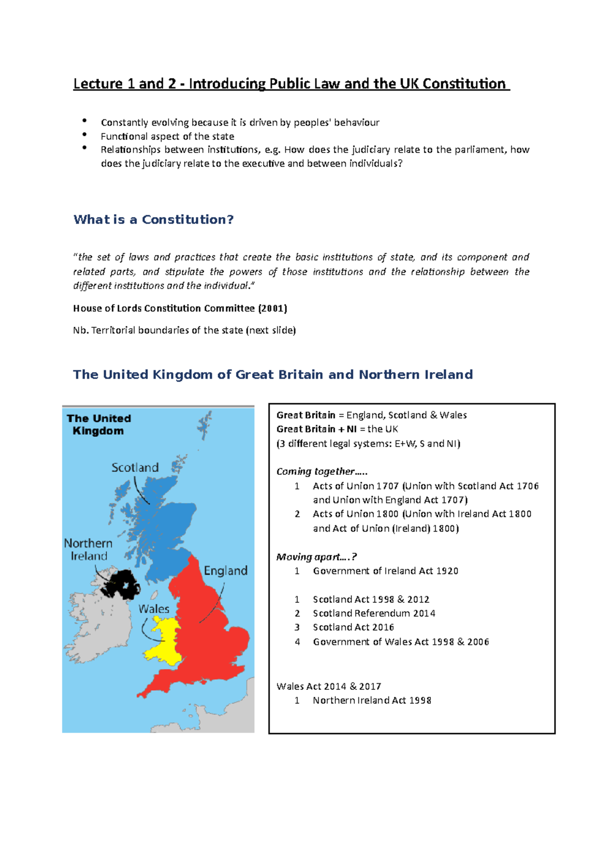 Lecture 1 and 2 - Introducing the UK Constitution - Lecture 1 and 2 ...