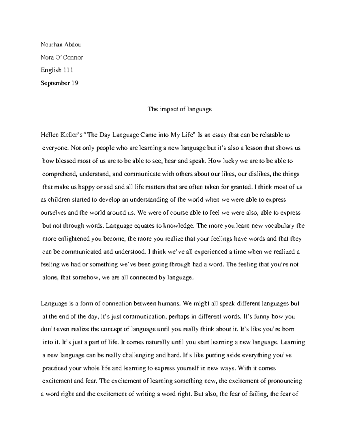 Reflective narrative essay - Nourhan Abdou Nora O’Connor English 111 ...