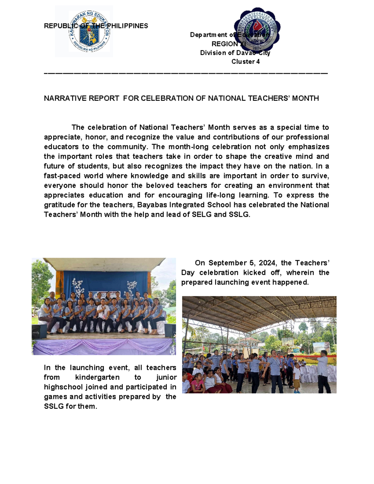 Teacher'S DAY Narrative - Department of Education REGION XI Division of ...