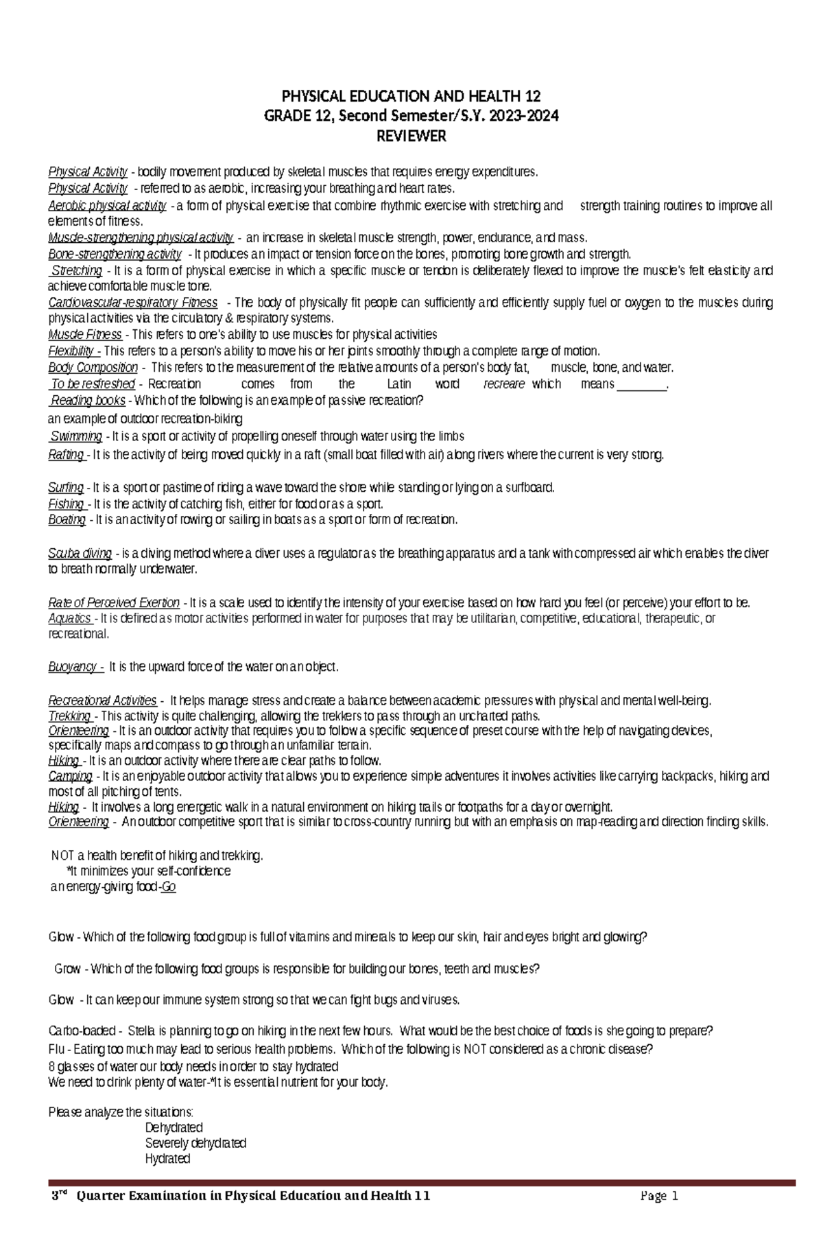 2nd PT PE12 Reviewer - PHYSICAL EDUCATION AND HEALTH 12 GRADE 12 ...