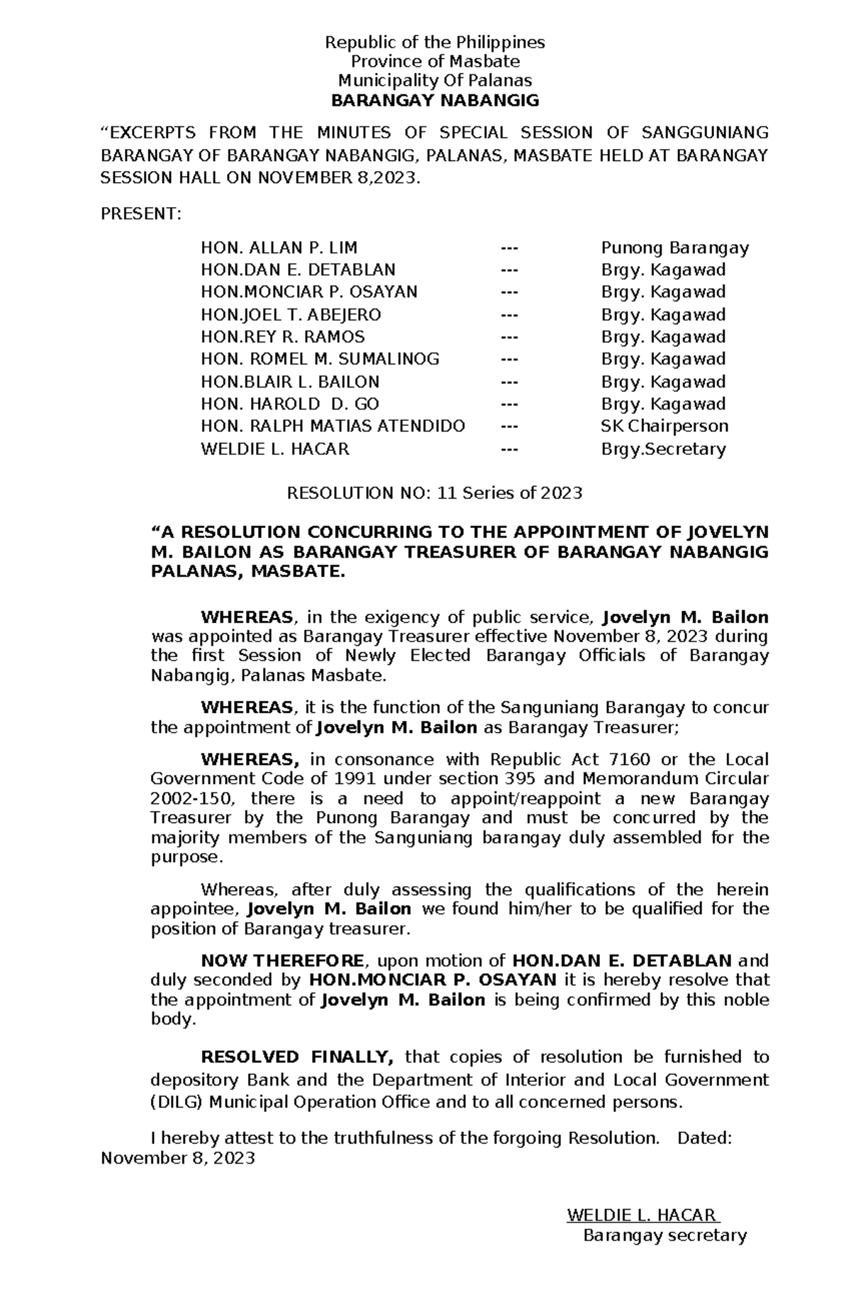 Barangay nabangig Resolutions to appoint t Reasurer 2023-24 - Republic ...