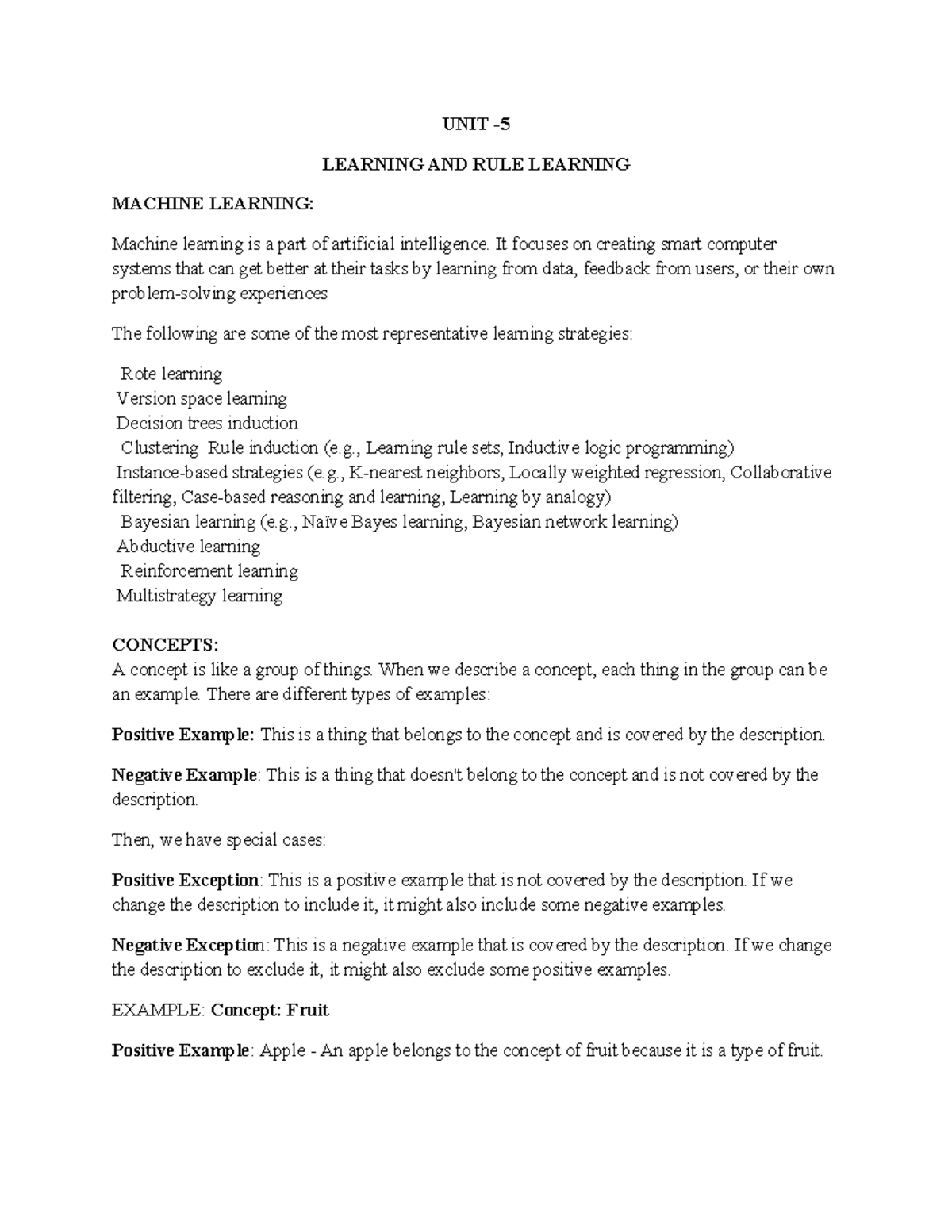 UNIT 5 KE - Unit 5 ke notes - UNIT - LEARNING AND RULE LEARNING MACHINE ...