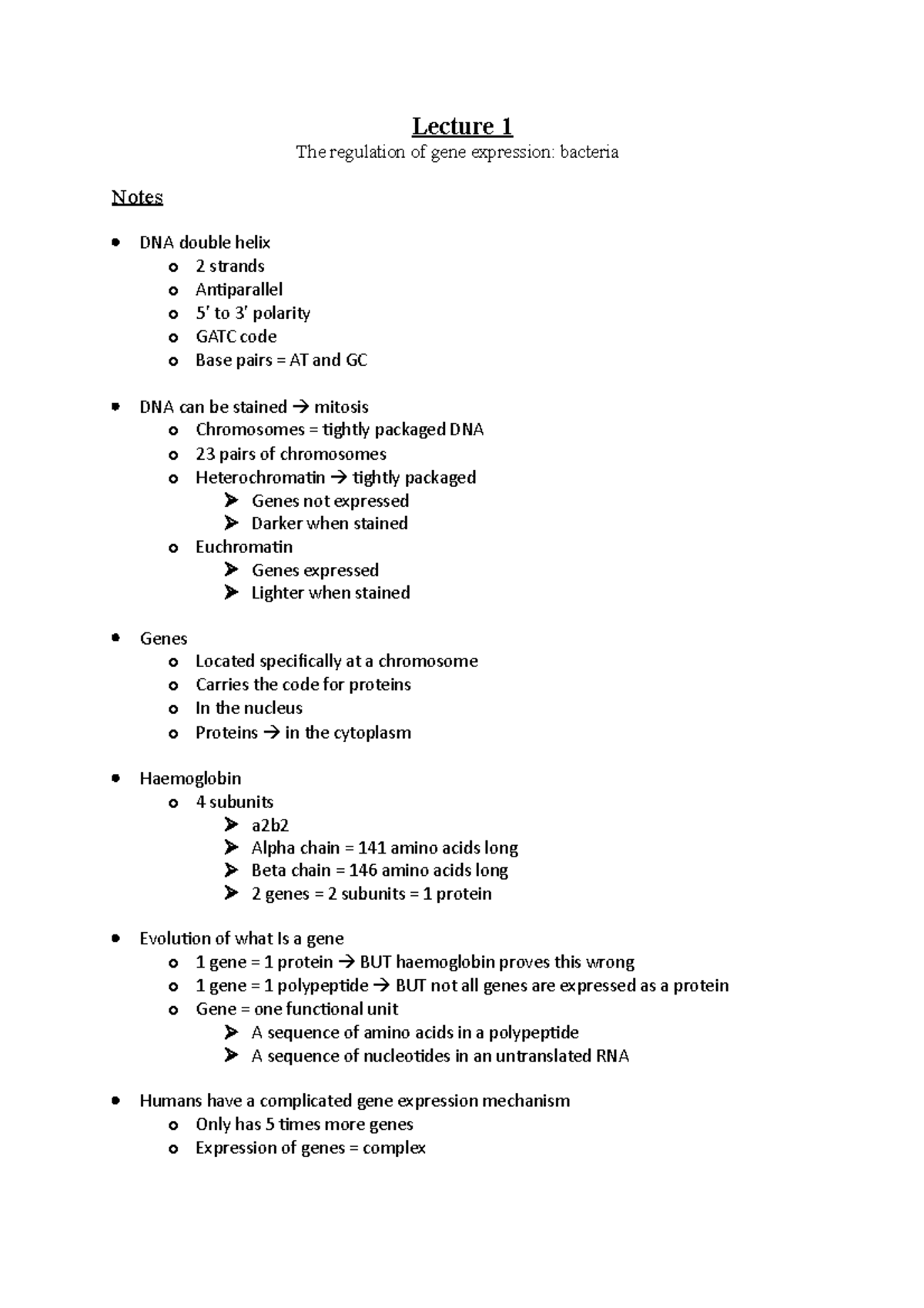 Gene notes 1 - Lecture 1 The regulation of gene expression: bacteria ...