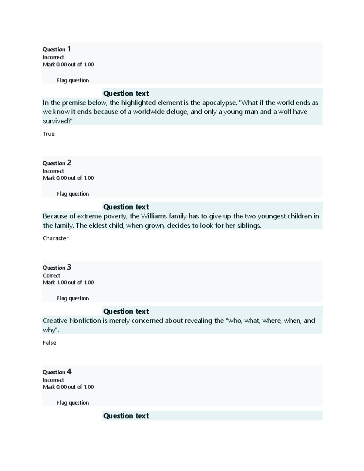 Creative Nonfiction Answer Key - Question 1 Incorrect Mark 0 out of 1 ...