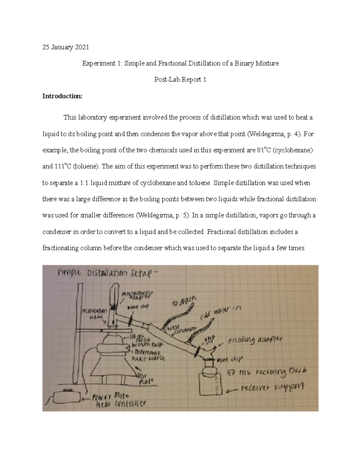 Post-Lab Report 1 - 25 January 2021 Experiment 1: Simple and Fractional Distillation of a Binary ...