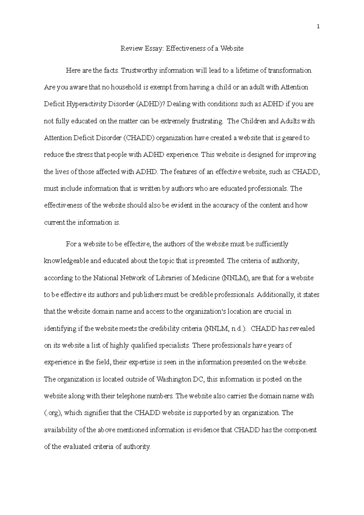 ENG 105 - Assignment Essay - Review Essay: Effectiveness of a Website ...