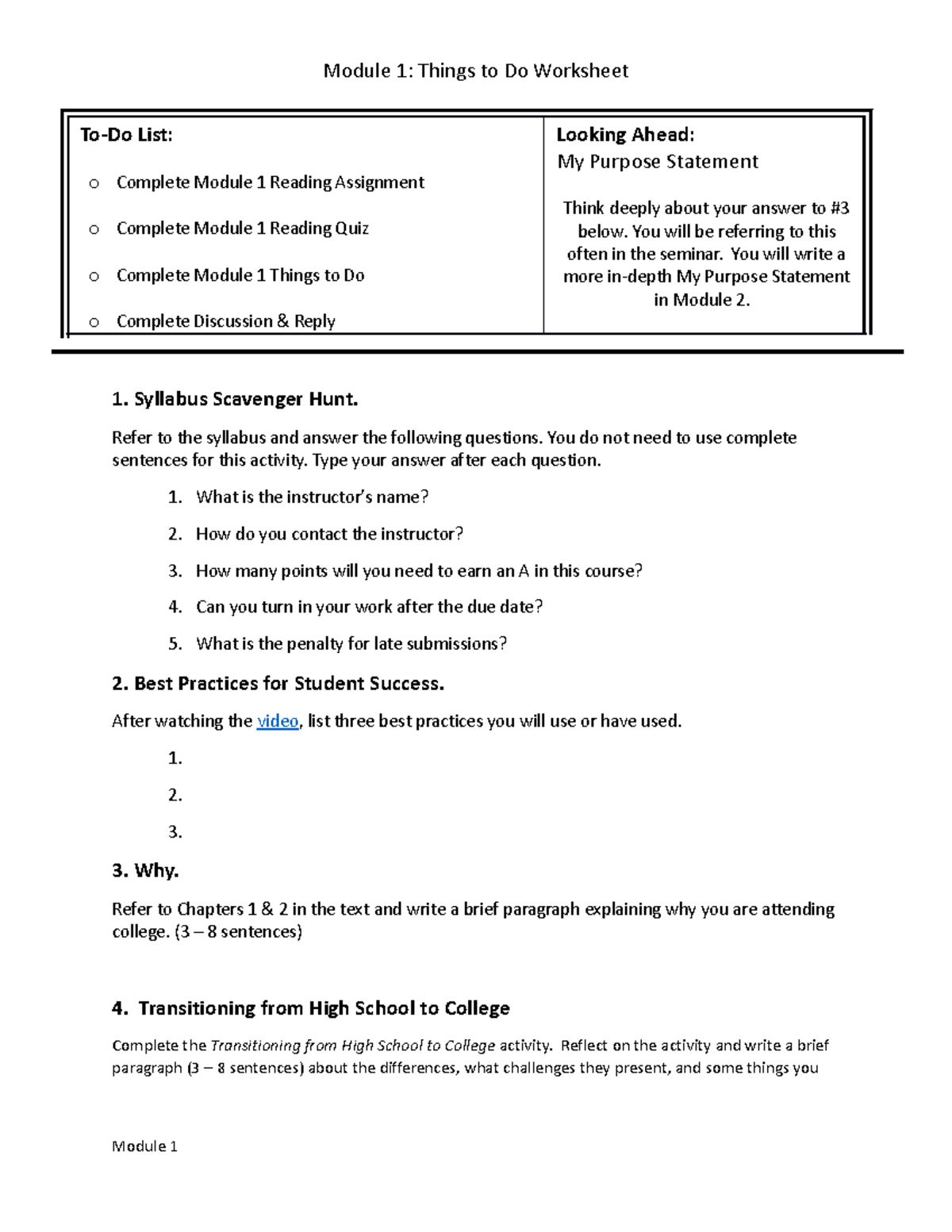 Mod 1 Worksheet - iuydgkj - Module 1: Things to Do Worksheet To-Do List ...