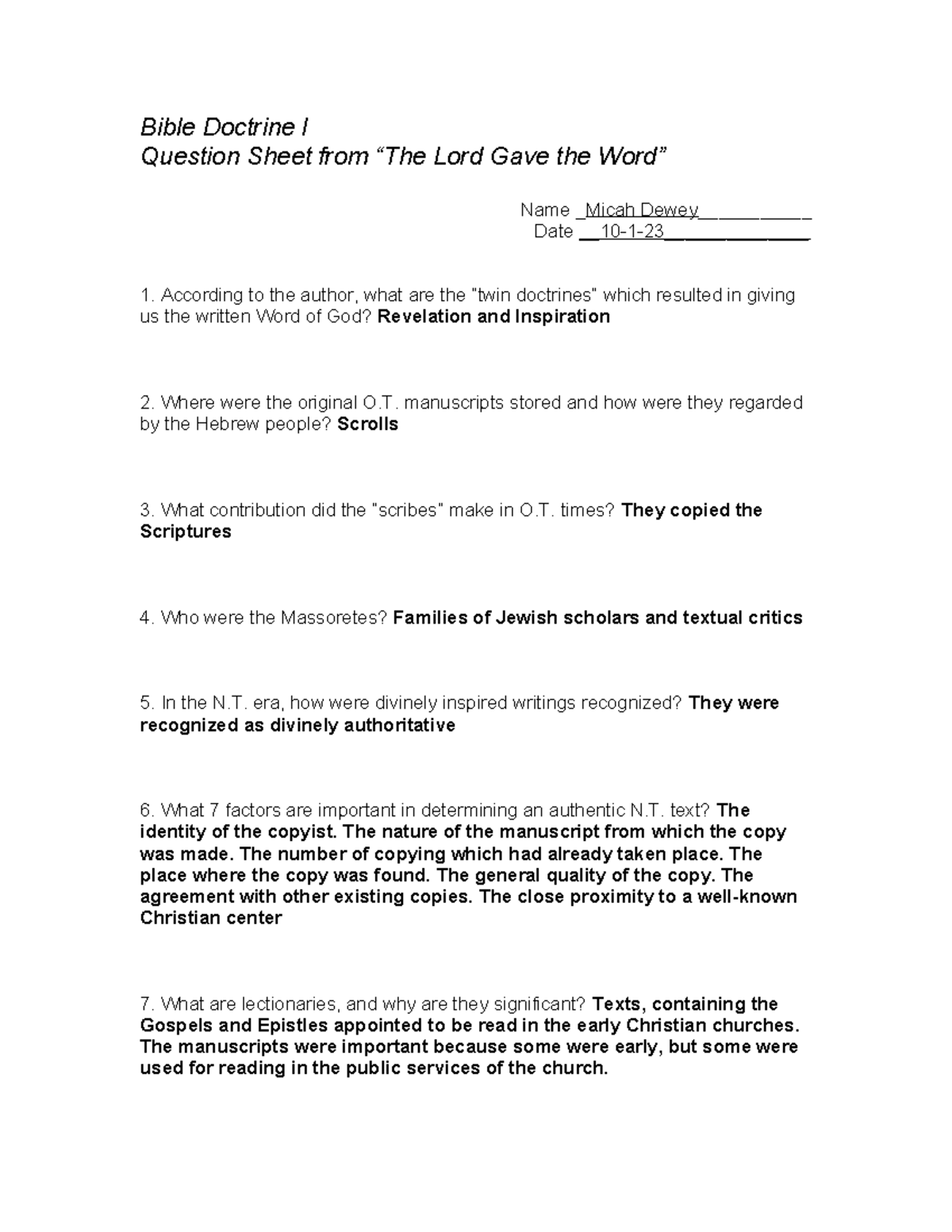 Lord Gave Word Question Sheet - Bible Doctrine I Question Sheet from ...
