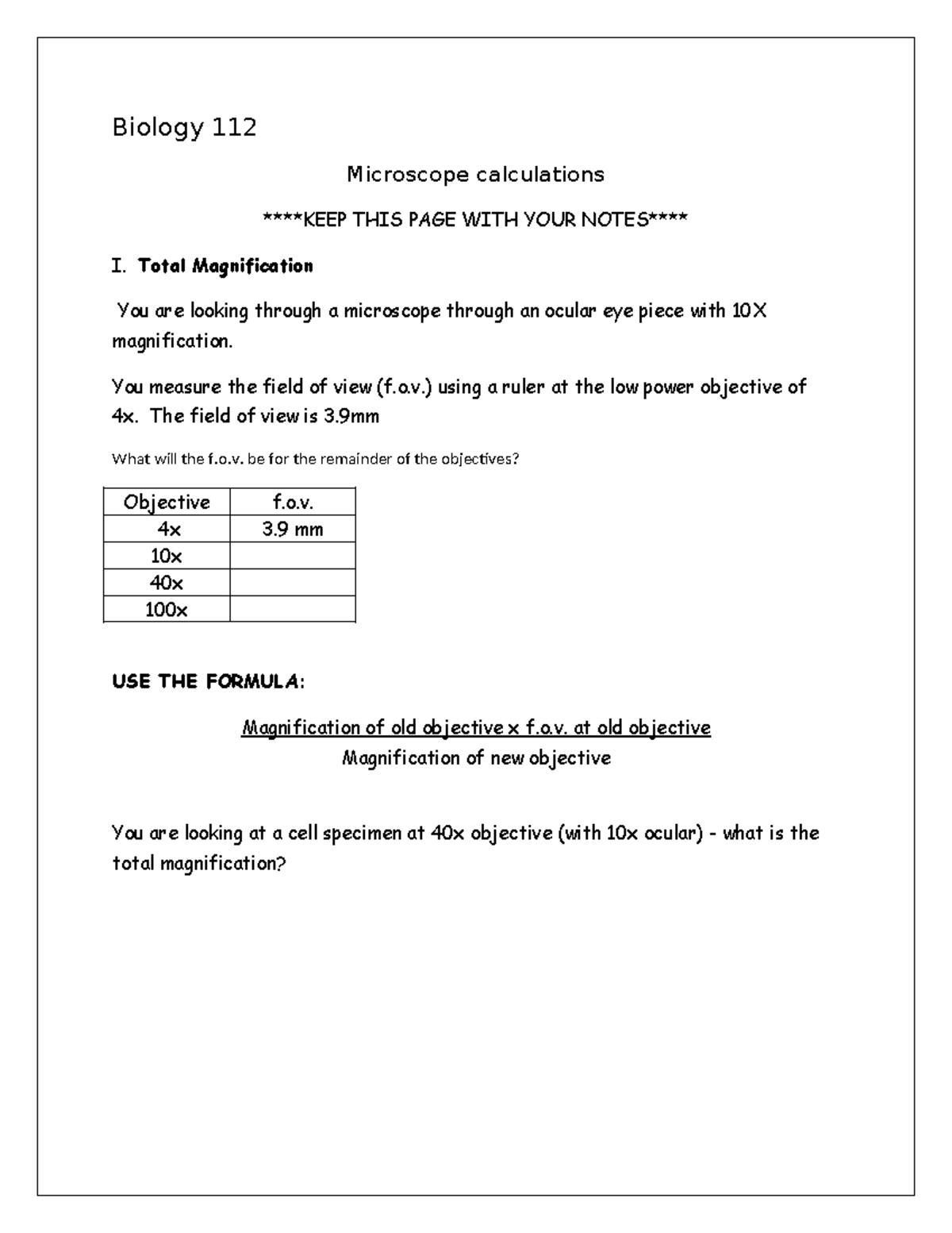 Formative microscope practice sheet - Biology 112 Microscope ...