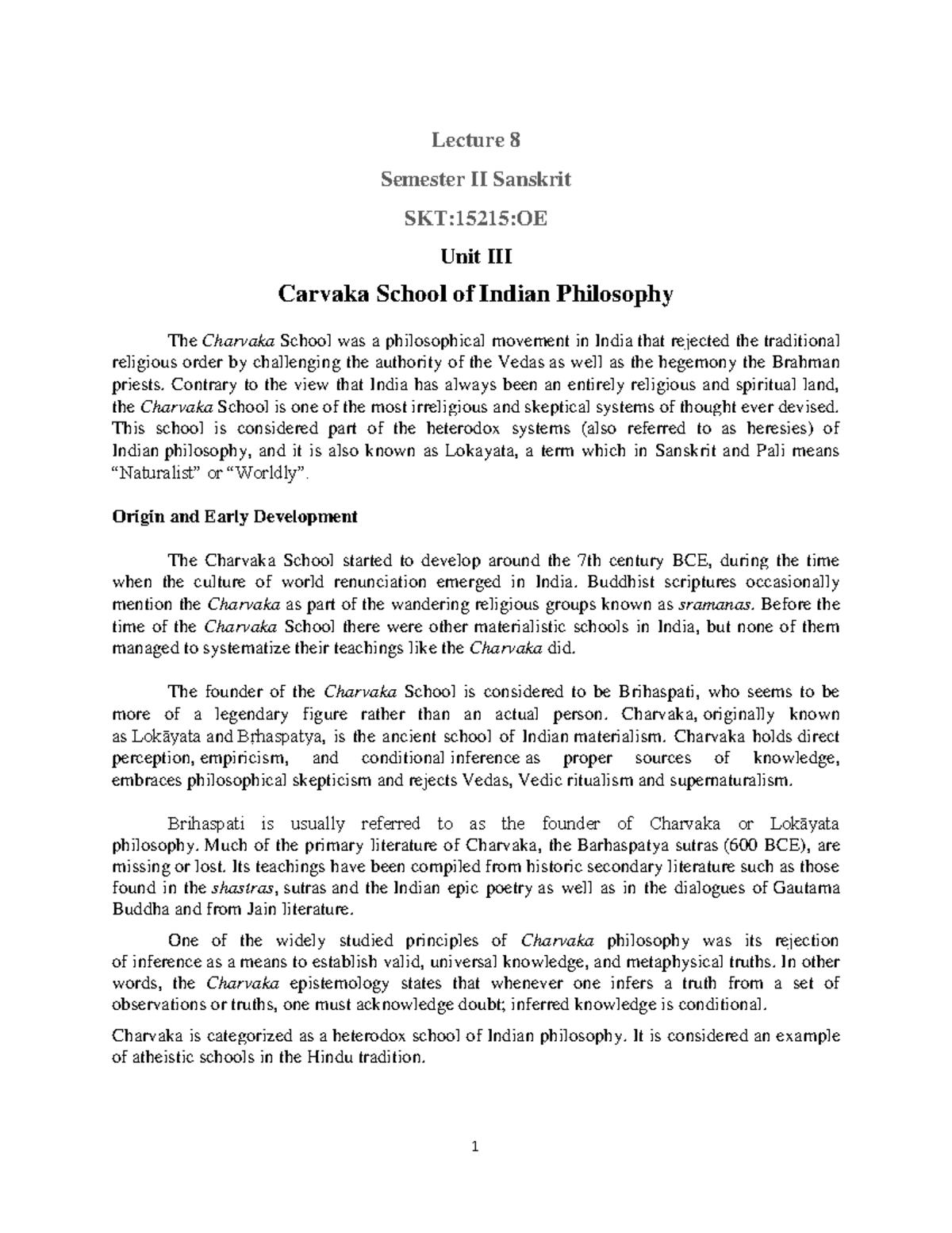 Carvaka School of Indian Philosophy - Lecture 8 Semester II Sanskrit ...