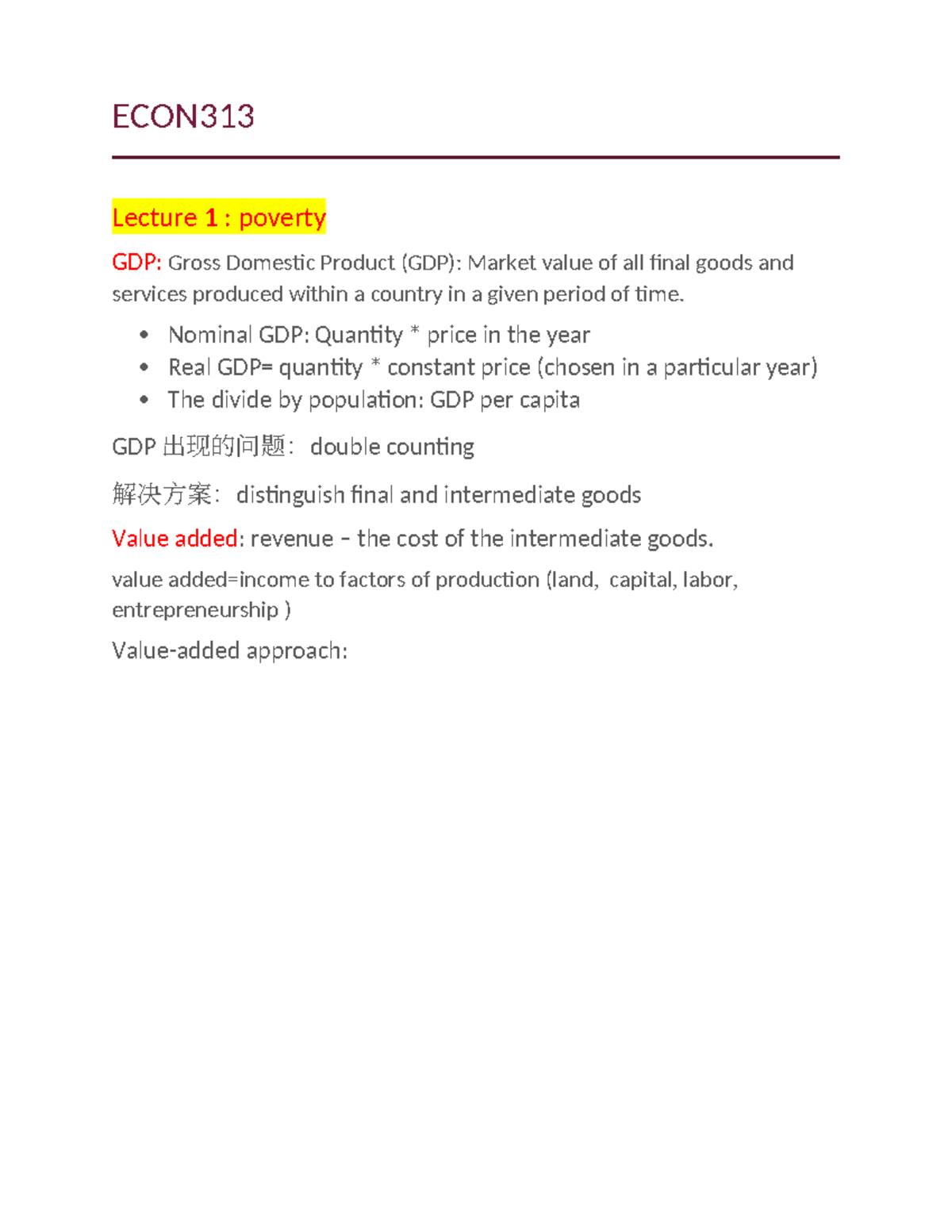 ECON313 - Lecture note - ECON Lecture 1 : poverty GDP: Gross Domestic Product (GDP): Market ...