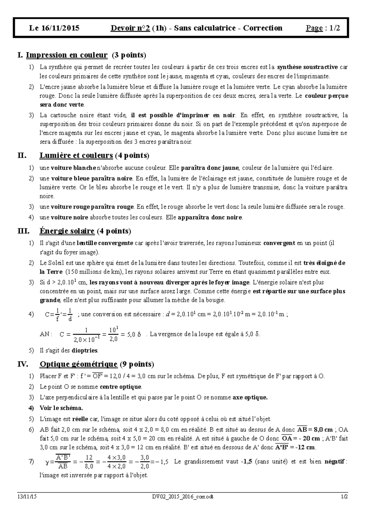 Devoir 2 modele 2 corrige - Le 16/11/2015 Devoir n°2 (1h) - Sans calculatrice - Correction Page ...