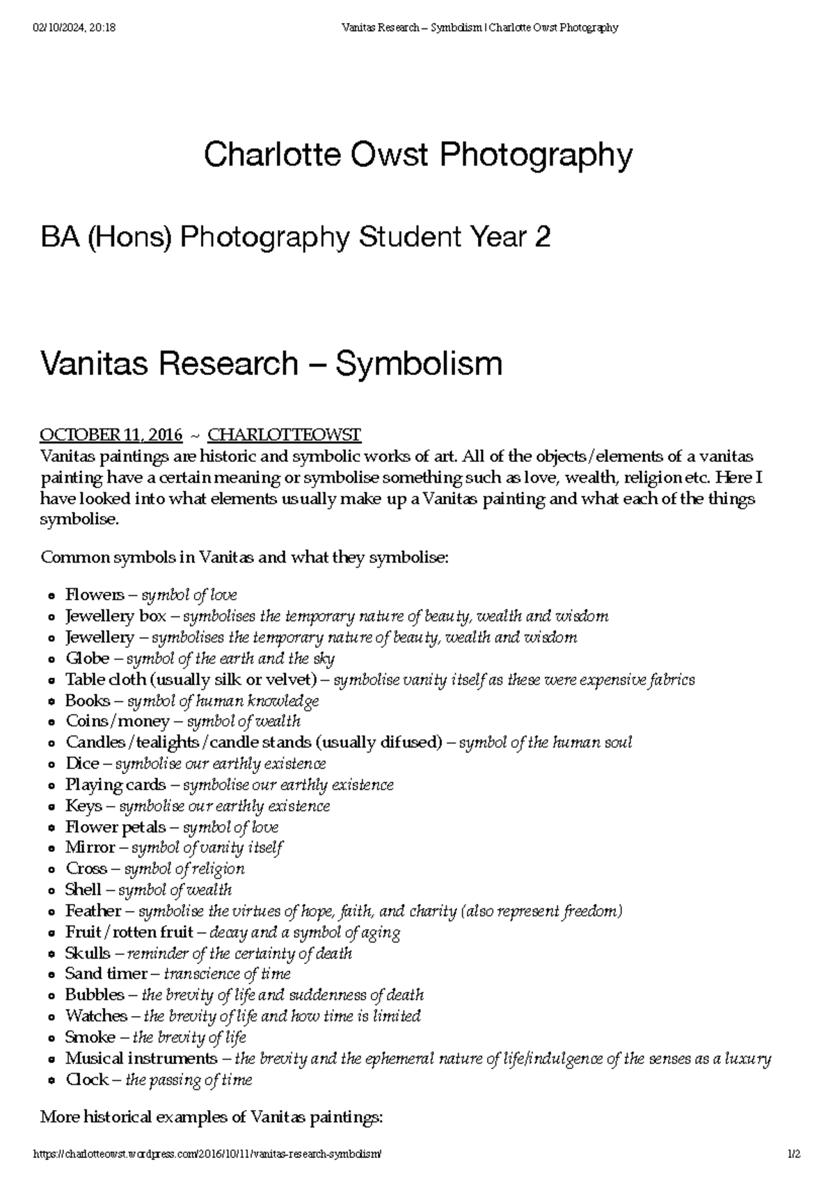 Vanitas Research – Symbolism Charlotte Owst Photography - Charlotte ...