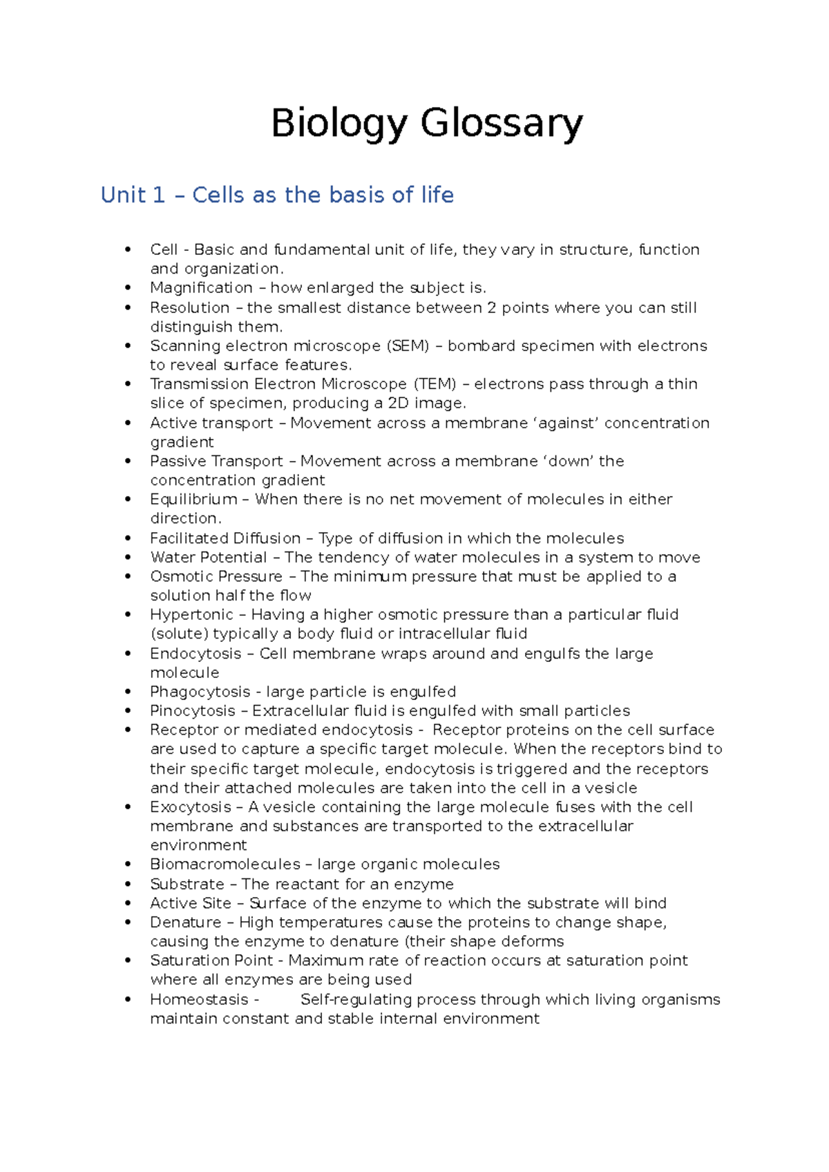 Biology Glossary - Biology Glossary Unit 1 – Cells as the basis of life ...