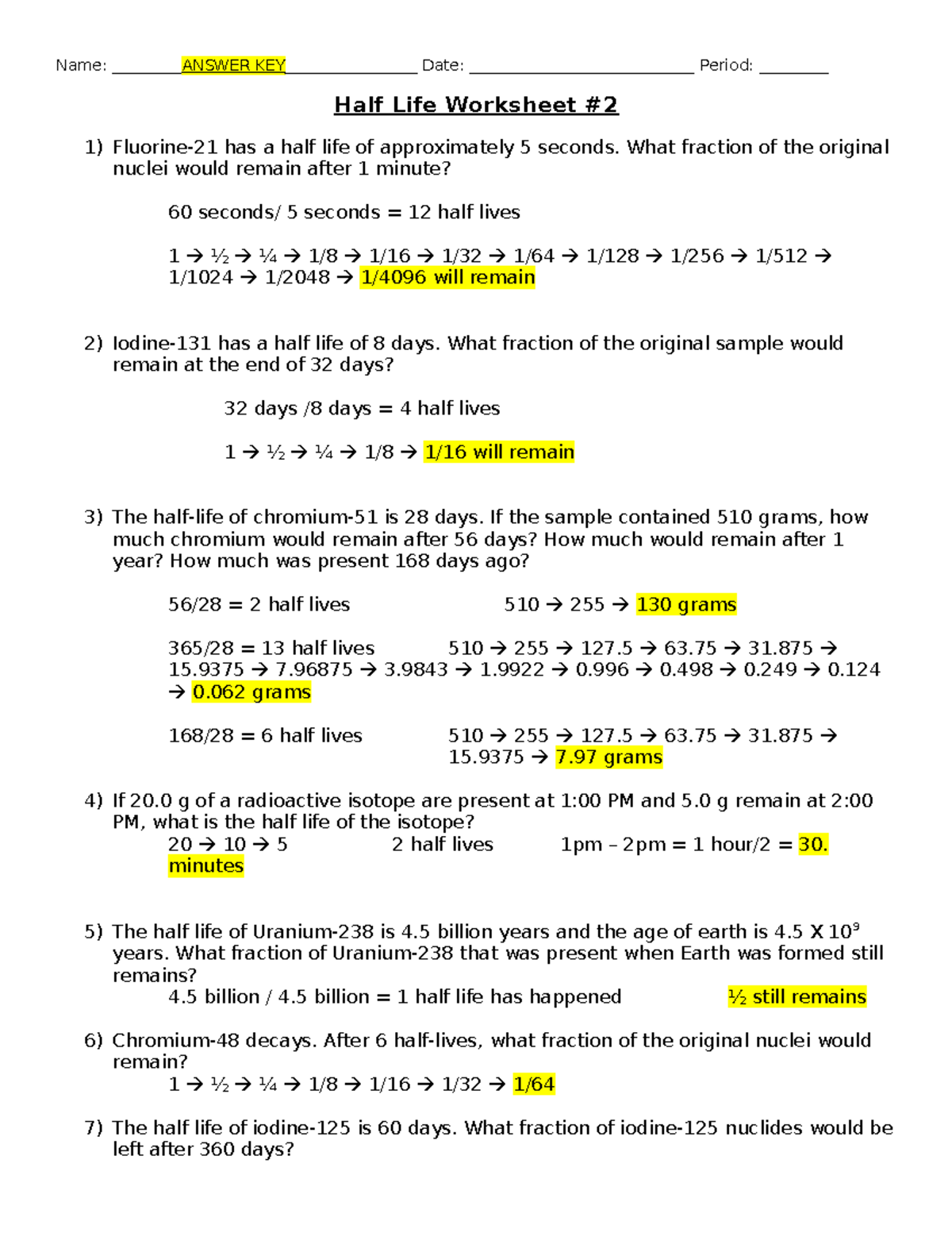 Half life Practice - Name: ANSWER KEY________ Date ...