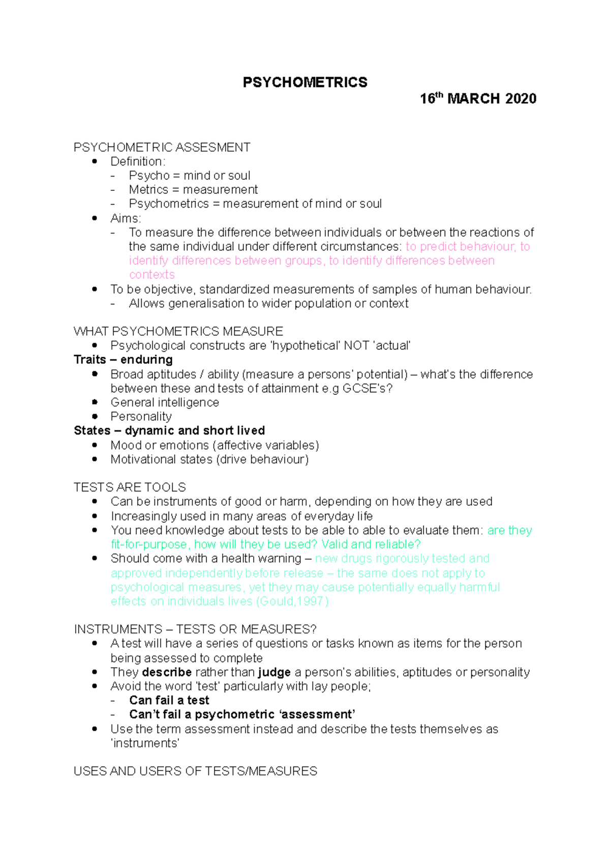 Psychometrics - kerry rees - PSYCHOMETRICS 16 th MARCH 2020 ...