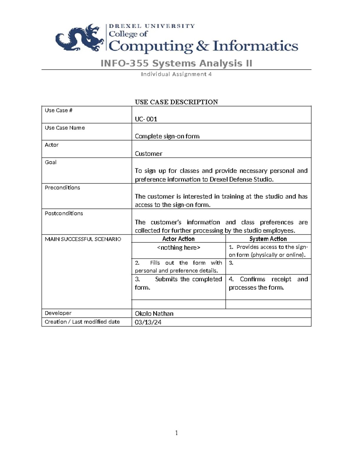 Info 355 extra cred - INFO-355 Systems Analysis II Individual Assignment 4 USE CASE DESCRIPTION ...