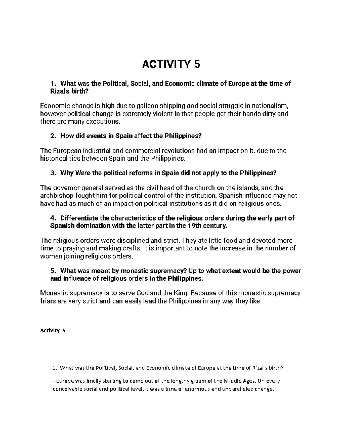 RN5 - Rizal-Chapter-5 - ACTIVITY 5 What was the Political, Social, and Economic climate of ...