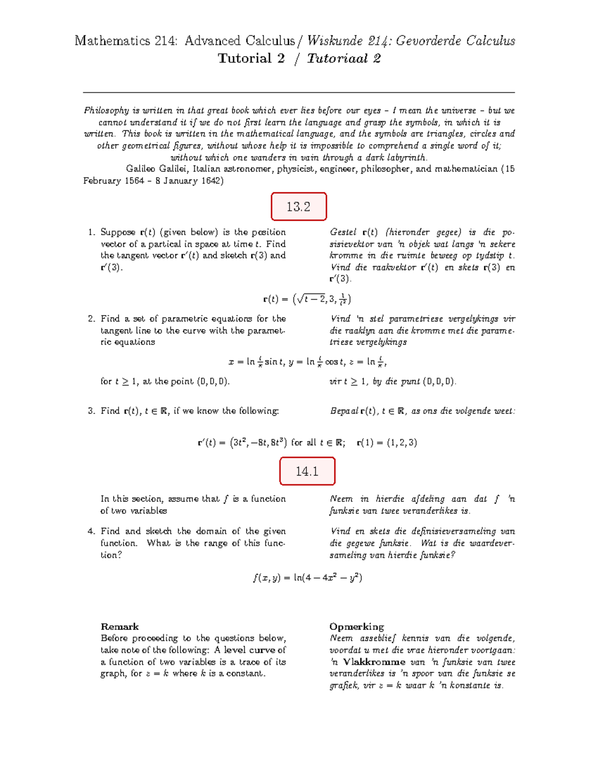 AC Tutorial 2 - tut questions - Mathematics 214: Advanced Calculus / Wiskunde 214: Gevorderde ...