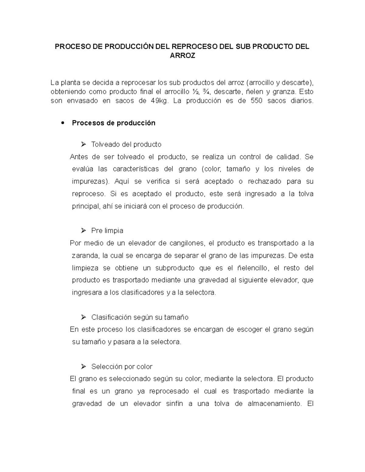 Produccion de la empresa semana 4 - PROCESO DE PRODUCCIÓN DEL REPROCESO ...